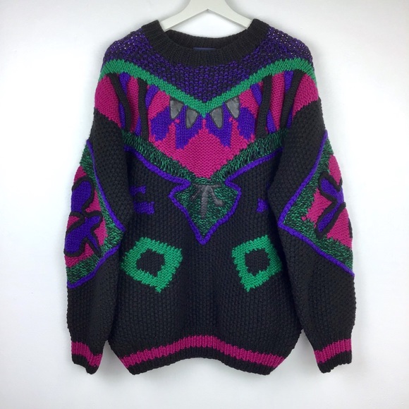 Vintage | Sweaters | Vintage 8s Abstract Hand Knit Geo Chunky Sweater ...